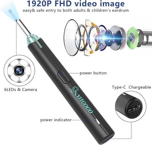 VITCOCO Wireless Ear Wax Removal Kit with 1920P FHD Camera, Waterproof ...